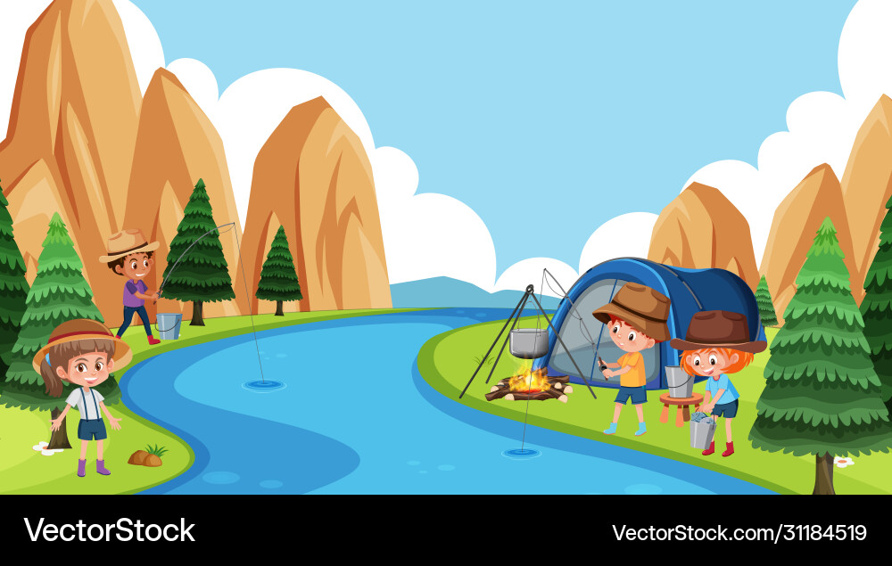 Scene with kids having fun river Royalty Free Vector Image
