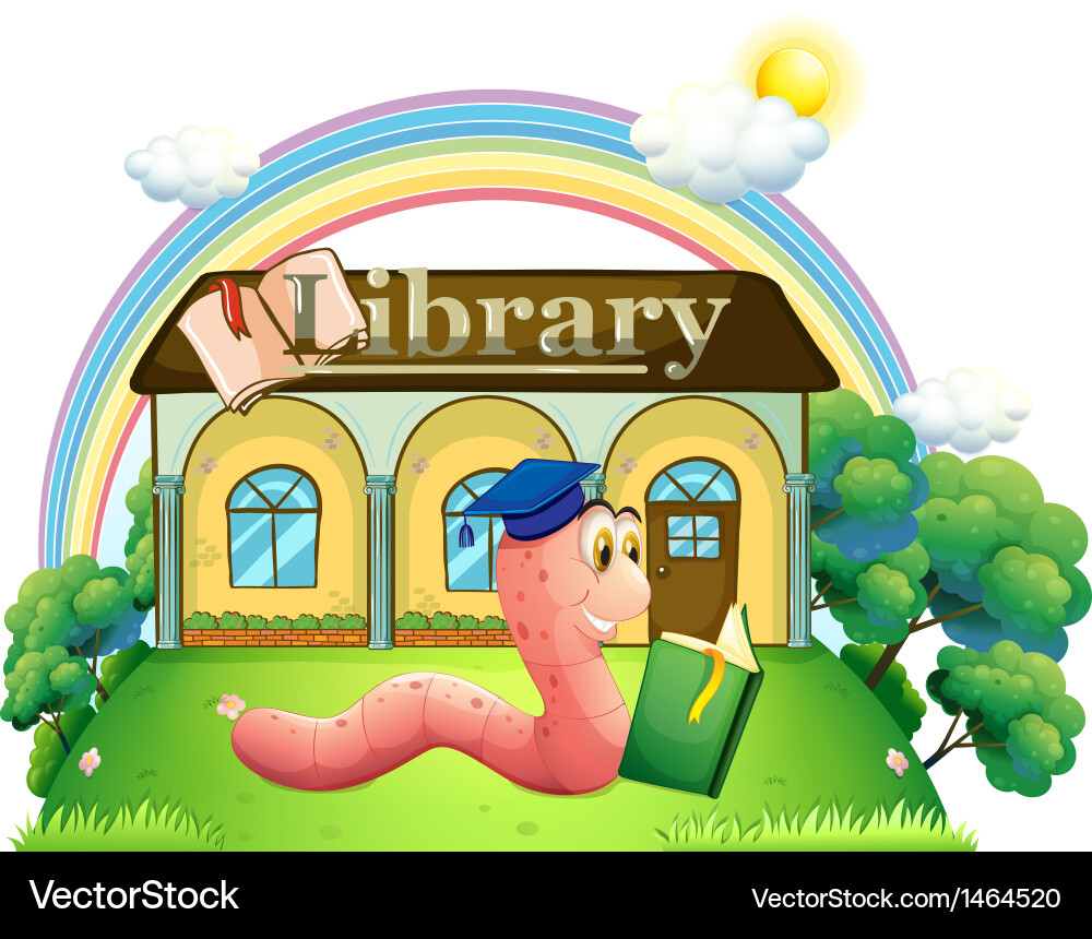 A worm wearing graduation cap reading in front Vector Image