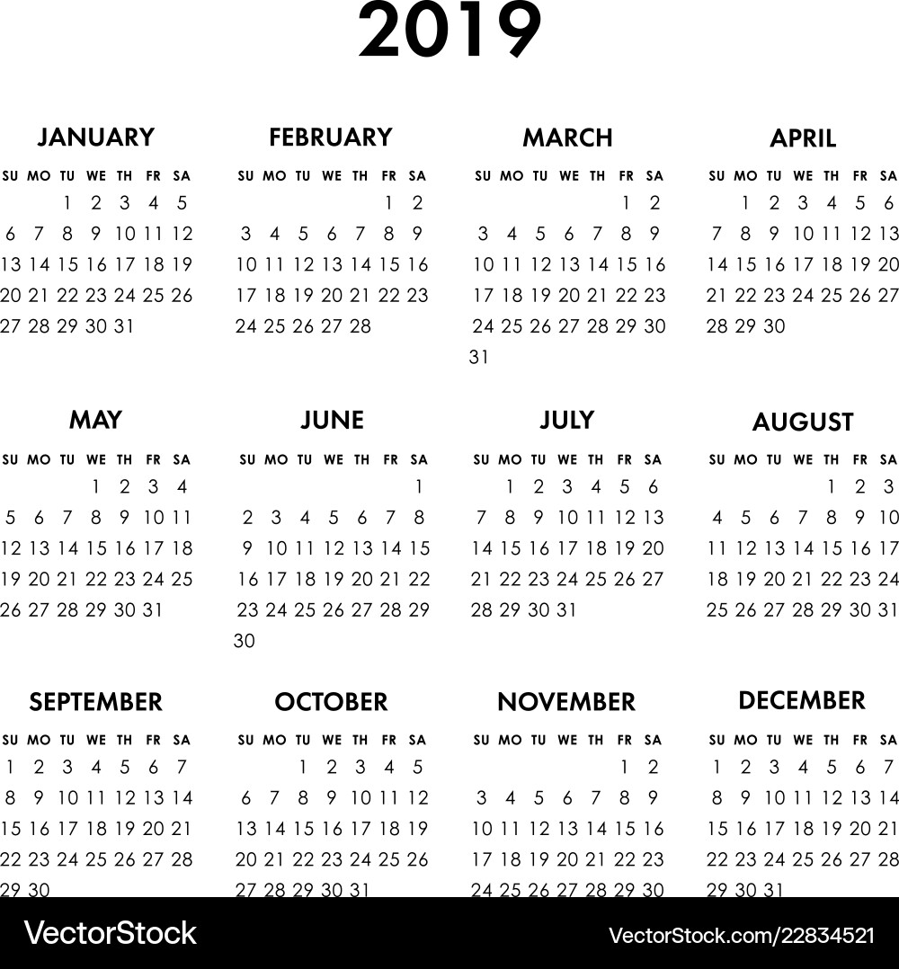 Calendar 2019 year on a white background week Vector Image