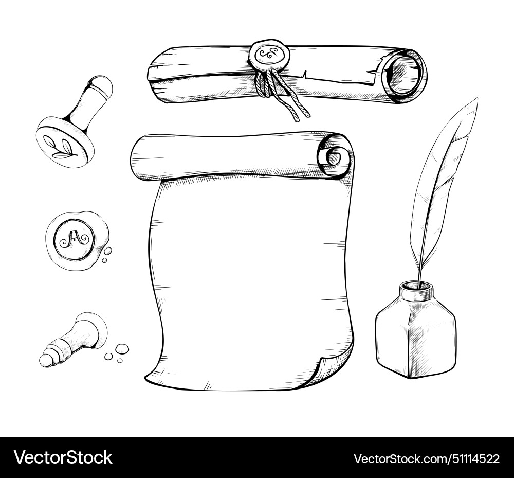Ancient books parchment scroll sketch drawing Vector Image