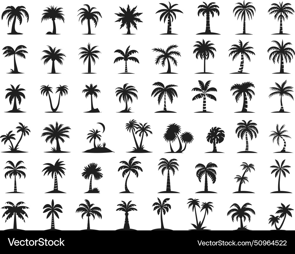 Palms trees icons beach palm tree bending black Vector Image