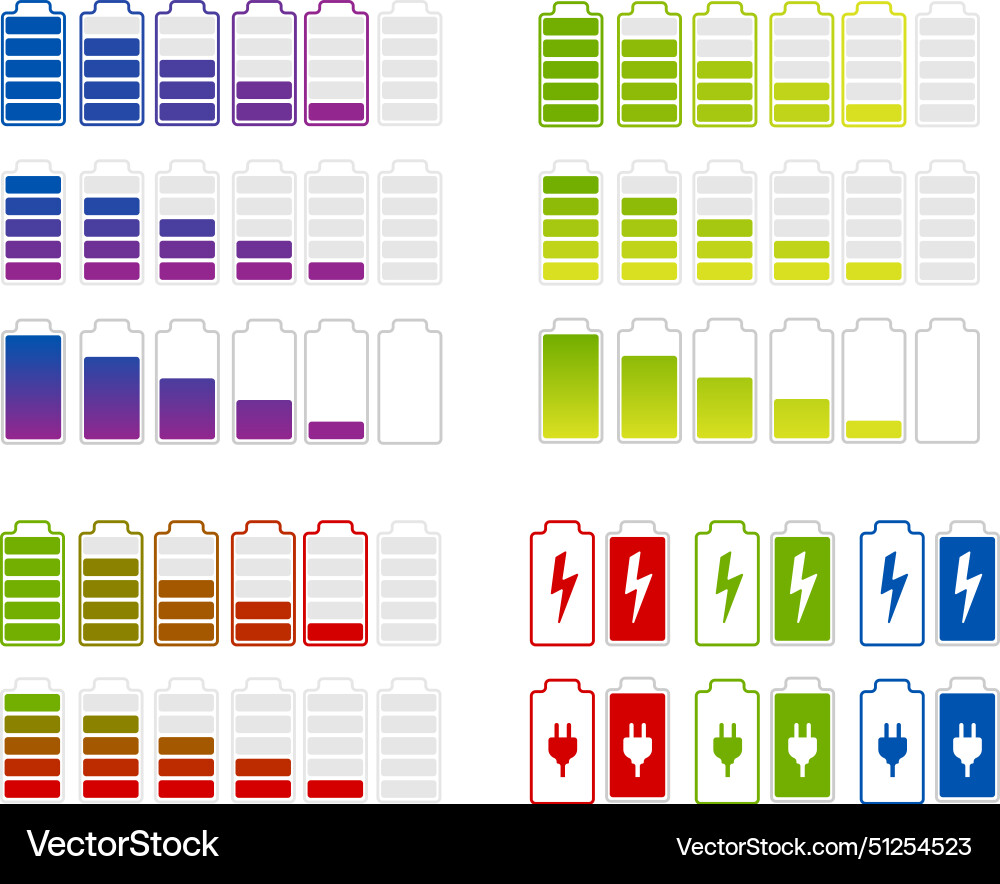 Battery icons set energy charge level indicators Vector Image