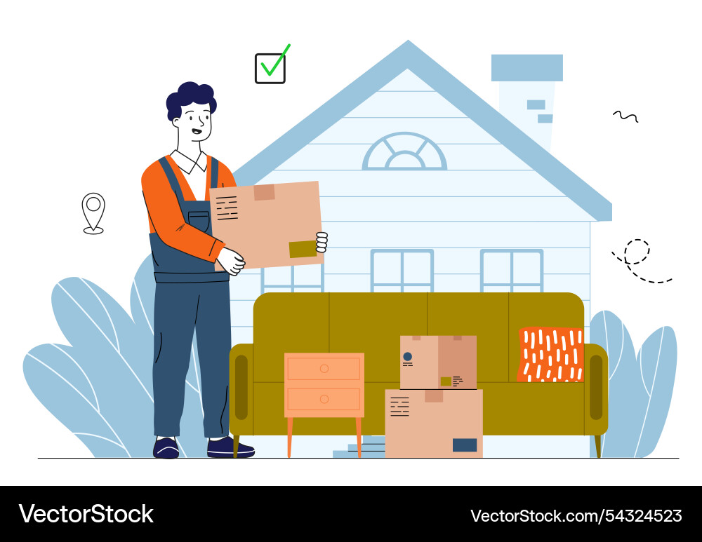 Loader at house man in suit with cardboard box Vector Image