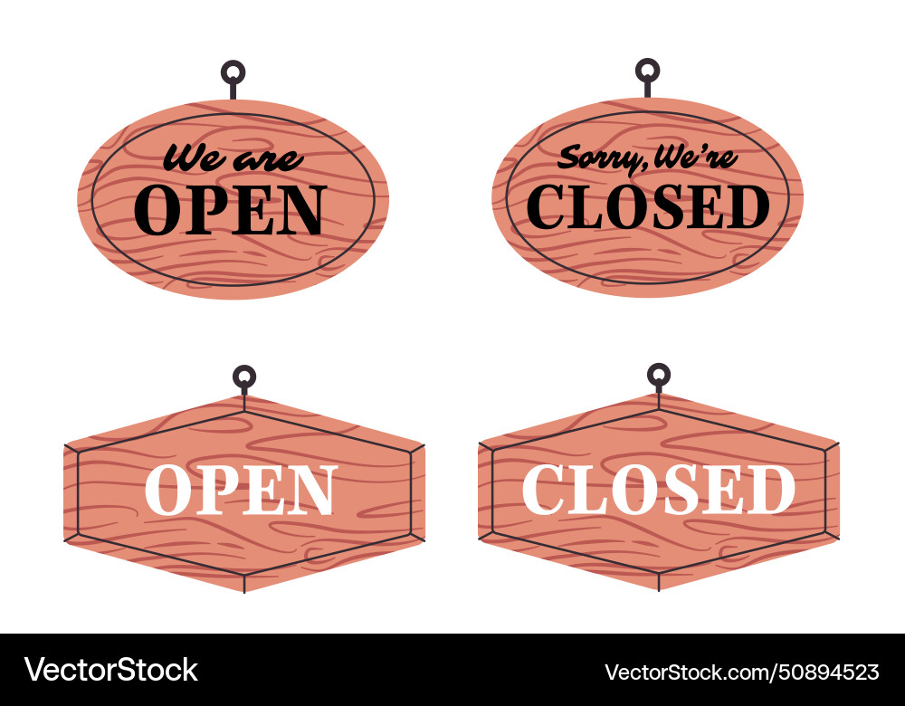 Open closed wooden sign board store front tag Vector Image