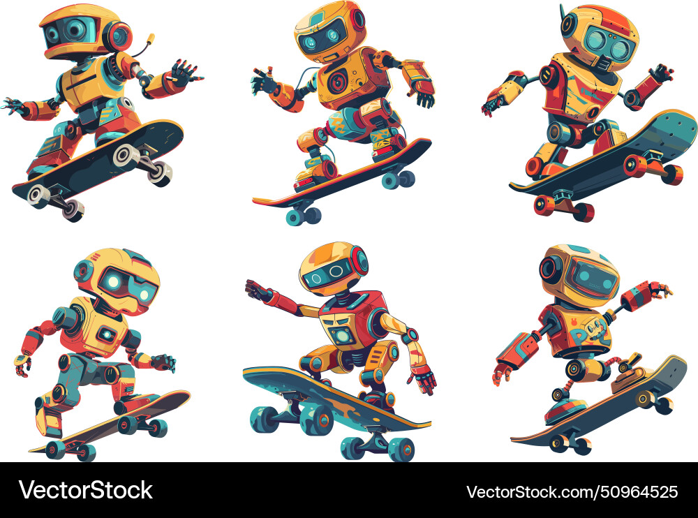 Robot rides skateboard cartoon style Royalty Free Vector