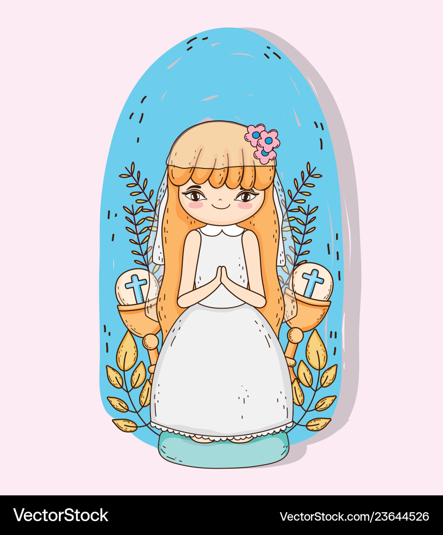 Girl communion with host wafer chalice Royalty Free Vector