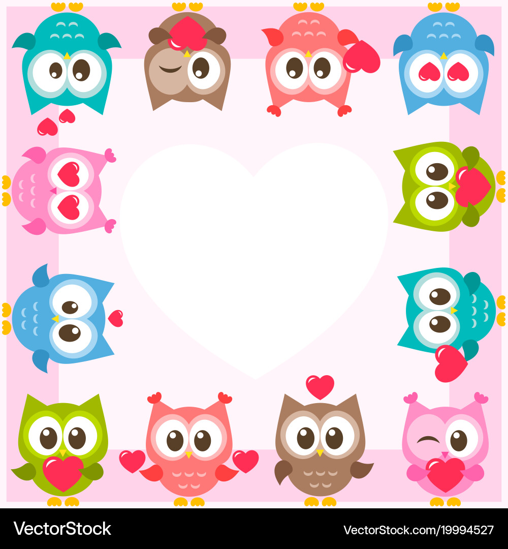 Frame with cute owls and hearts Royalty Free Vector Image