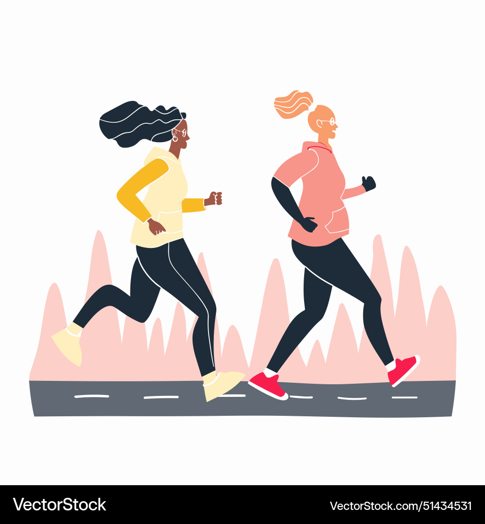Two diverse women jogging together outdoors Vector Image