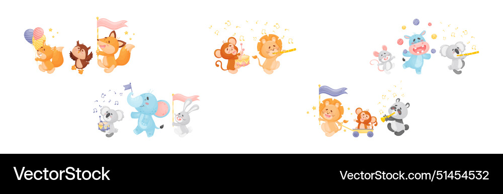 Cute animal character marching and playing musical