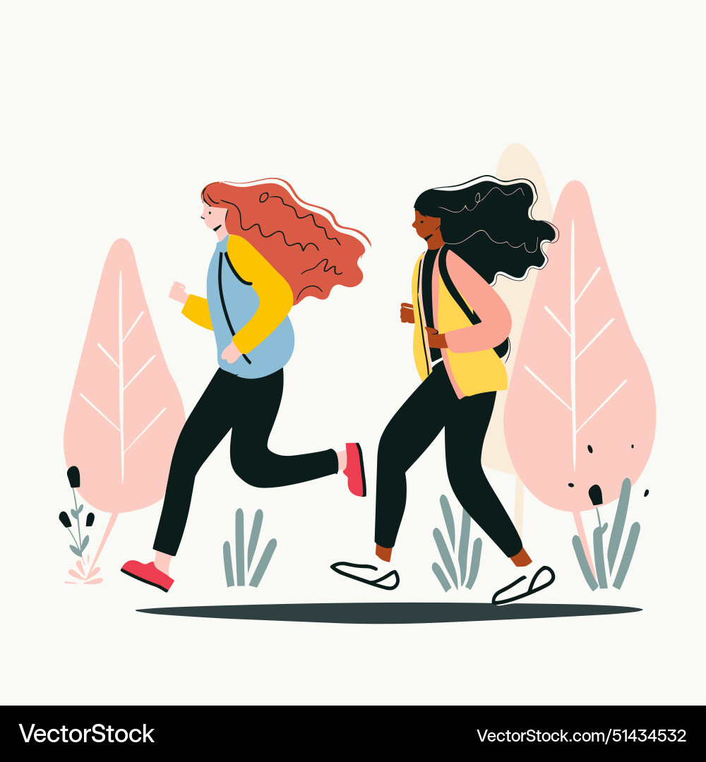 Two women running outdoors exercise friendship Vector Image
