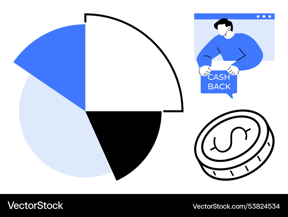 Cashback concept with pie chart and coin Vector Image
