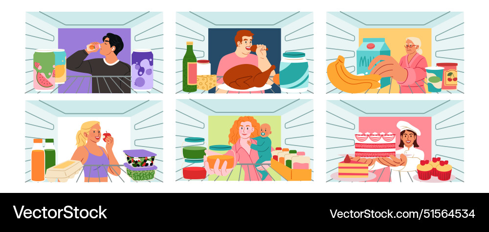 Open fridge refrigerator inside view character Vector Image