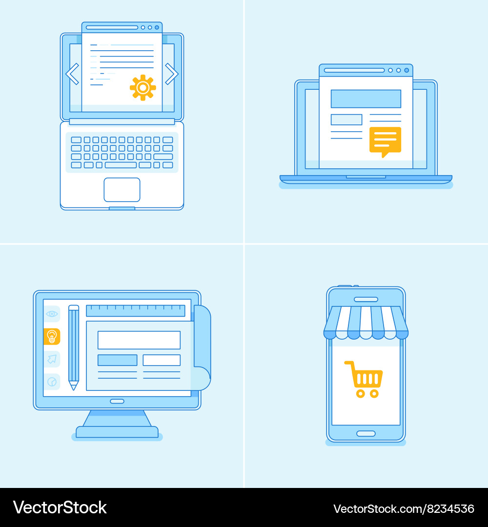 Set of flat linear and icons in blue colors Vector Image