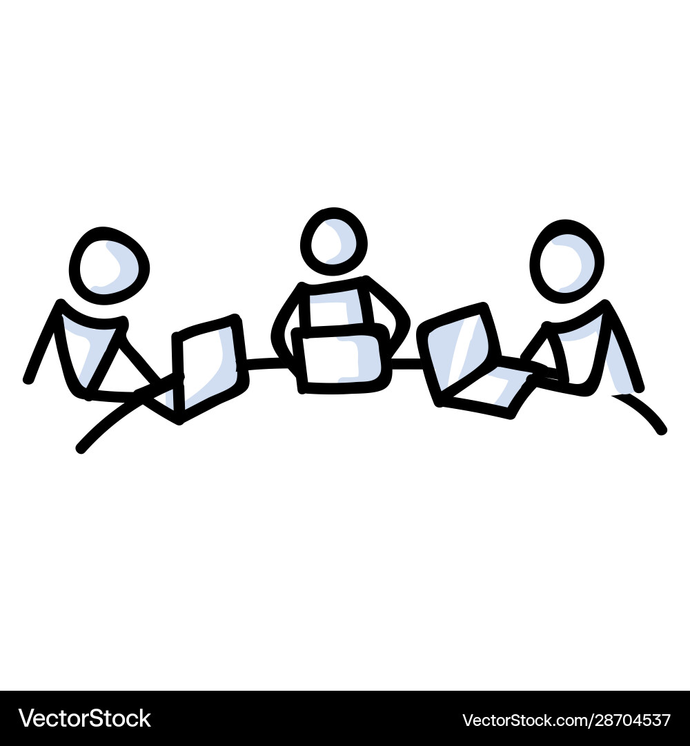 Hand drawn stick figure colleagues working at desk