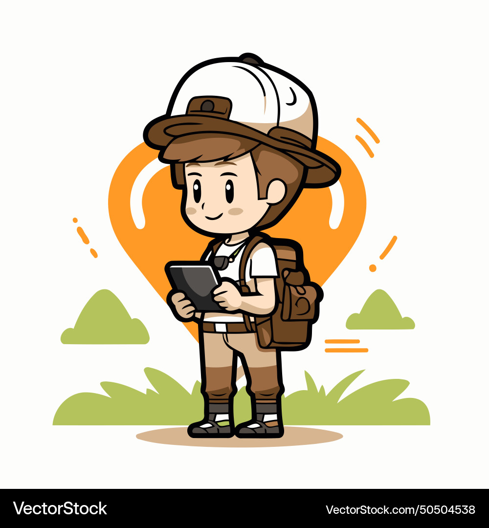 Explorer boy with smartphone - cartoon Royalty Free Vector