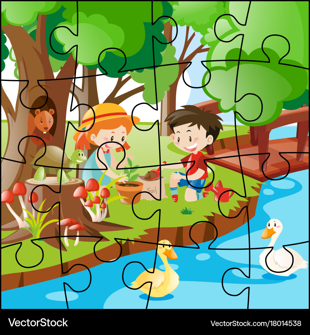 Jigsaw puzzle with kids planting trees Royalty Free Vector