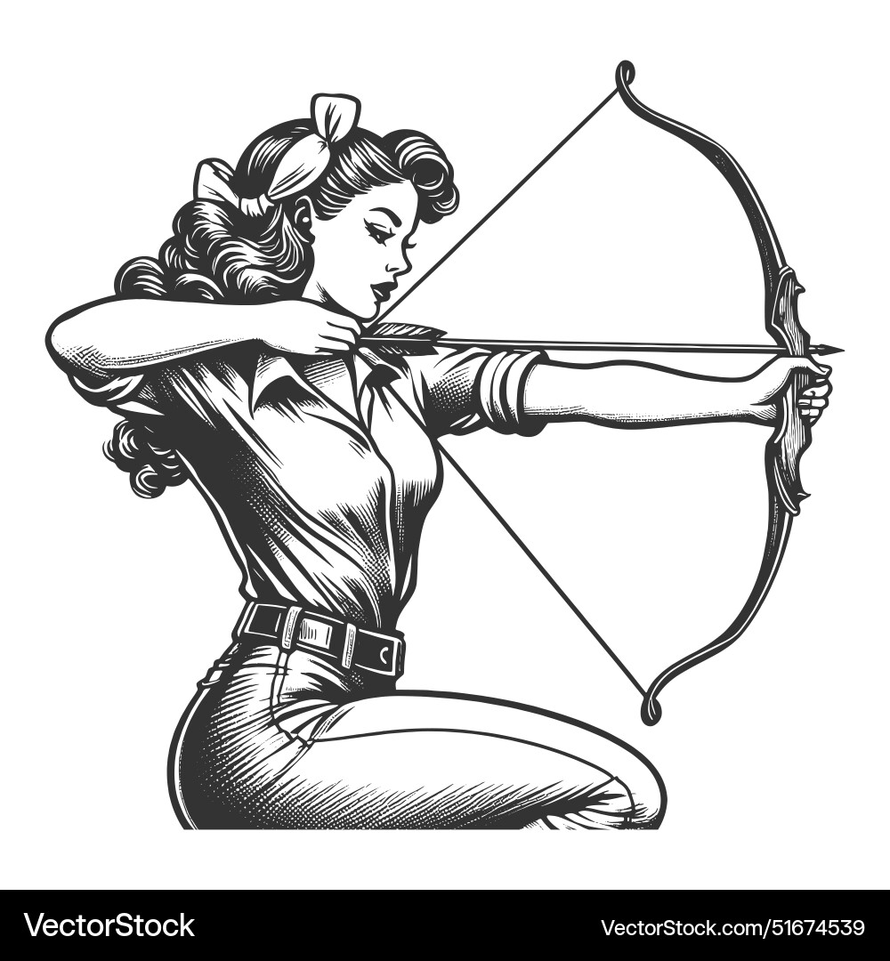 Archer woman engraving sketch Royalty Free Vector Image
