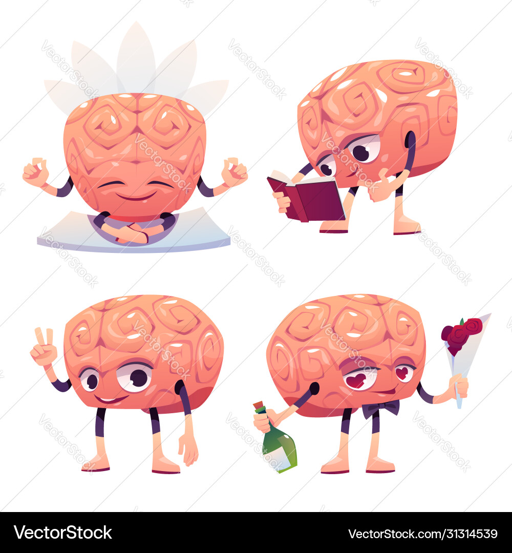 Cute brain character in different poses Royalty Free Vector