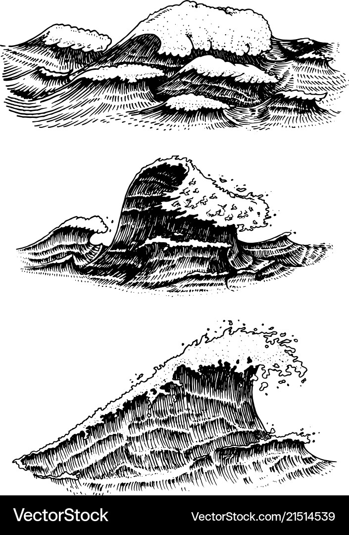 Vintage Engraved Ocean Waves Royalty Free Vector Image