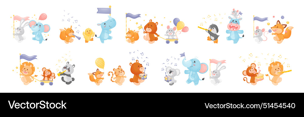 Cute animal character marching and playing musical