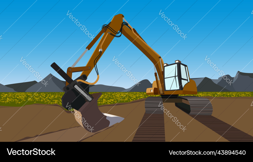 Excavator in Field with Flowers Royalty Free Vector Image