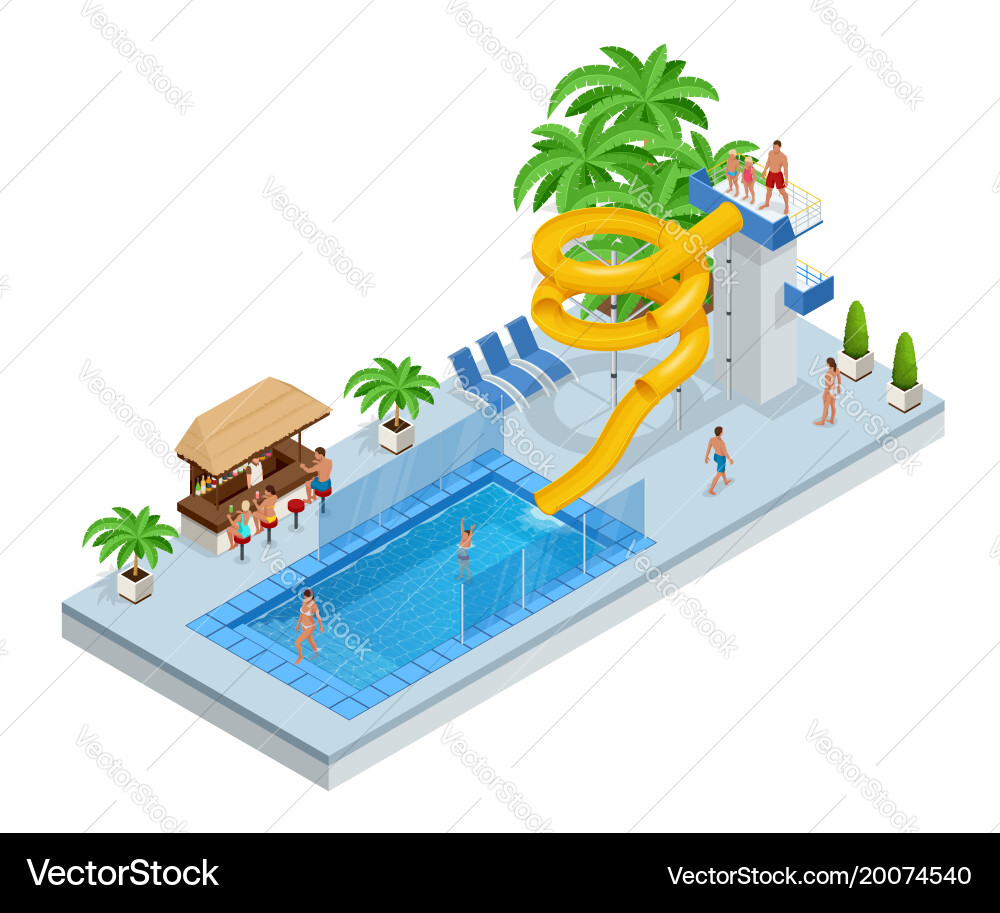 Isometric aqua park with water slides pool Vector Image