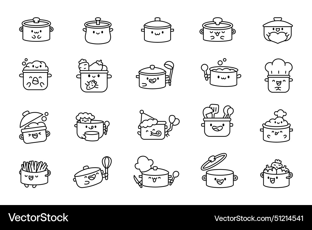 Cute kawaii cooking pots coloring page Royalty Free Vector