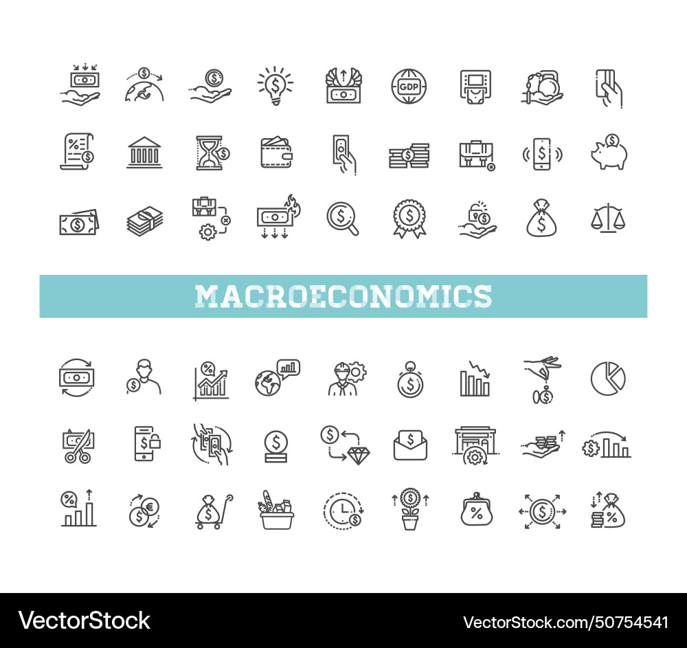 Linear style macro economy icons bundle Royalty Free Vector