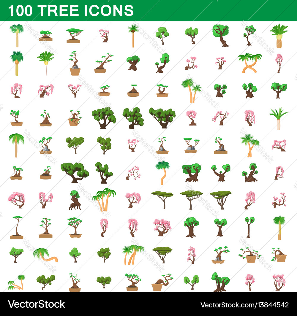100 tree icons set cartoon style Royalty Free Vector Image