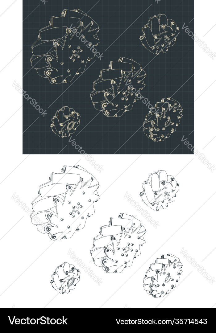 Mecanum wheel isometric drawings set Royalty Free Vector