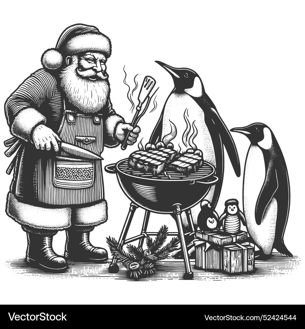 Santa claus grilling with penguins Royalty Free Vector Image