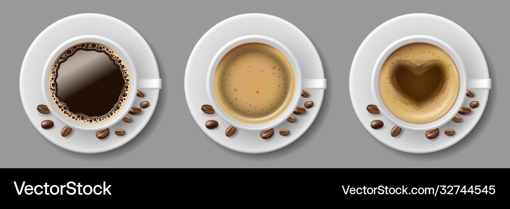 Set coffee mug top view with beans Royalty Free Vector Image