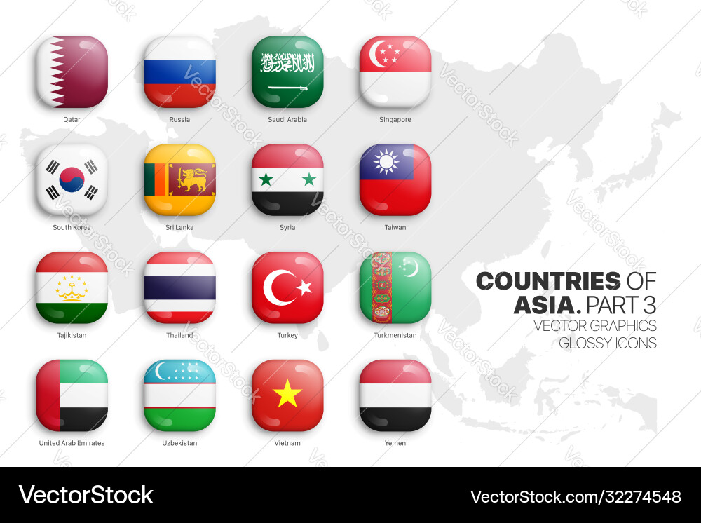 Asian countries flags 3d glossy icons set Vector Image