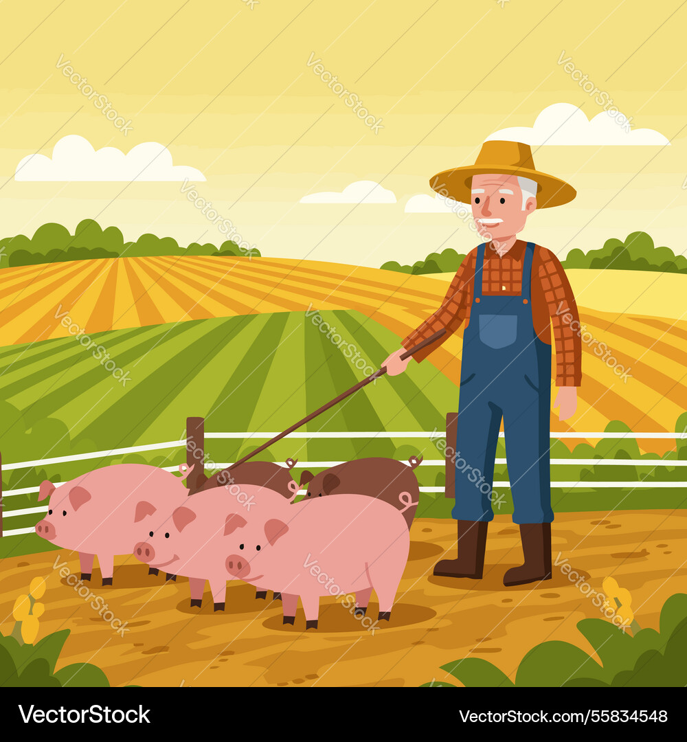 Farmer herding pigs on a rural farm with fields Vector Image