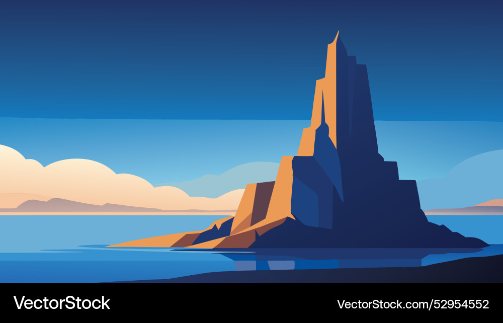 A large rock formation rises from the ocean under Vector Image
