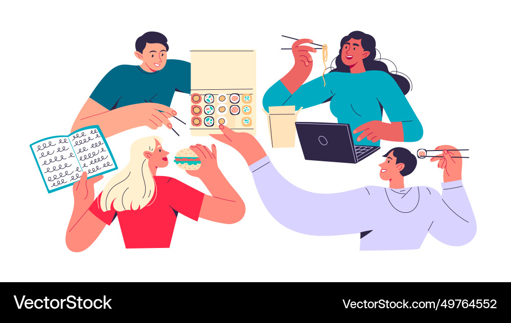 Group of students studying and eating Royalty Free Vector