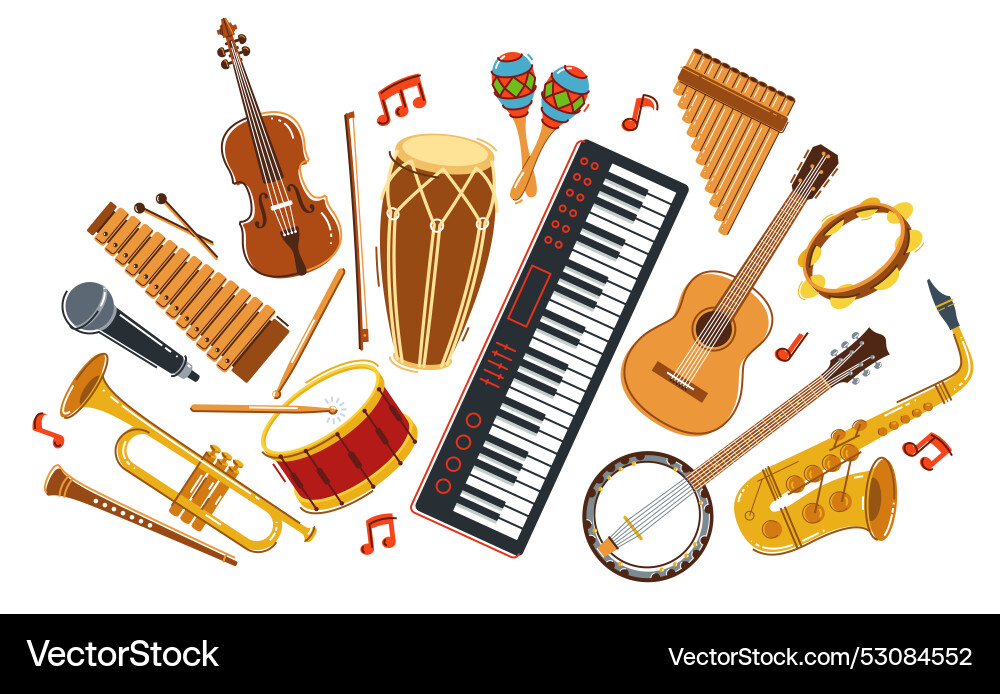 Music orchestra diverse instruments flat isolated Vector Image