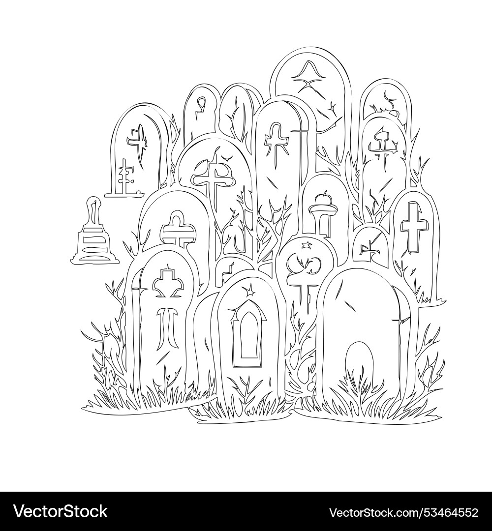 Scary graveyard outline sketch Royalty Free Vector Image