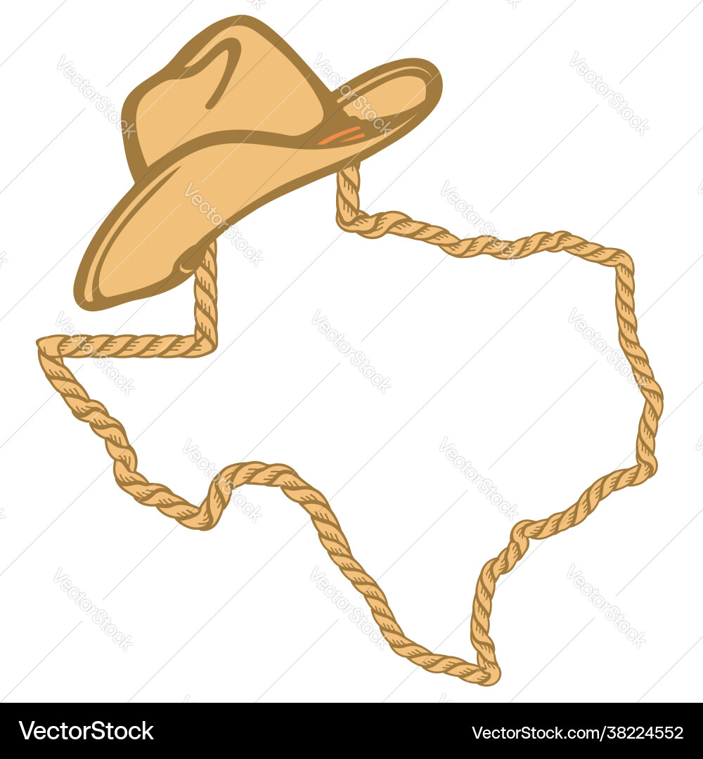 Texas map with lasso rope frame and cowboy hat Vector Image