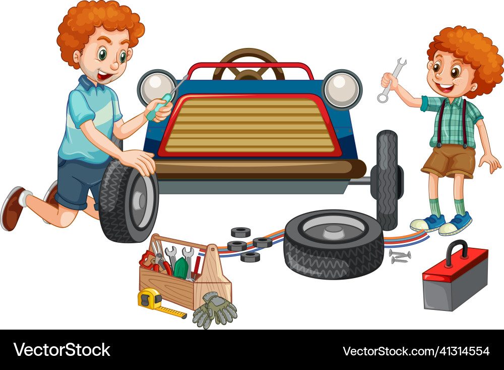 Dad and son repairing a car together Royalty Free Vector