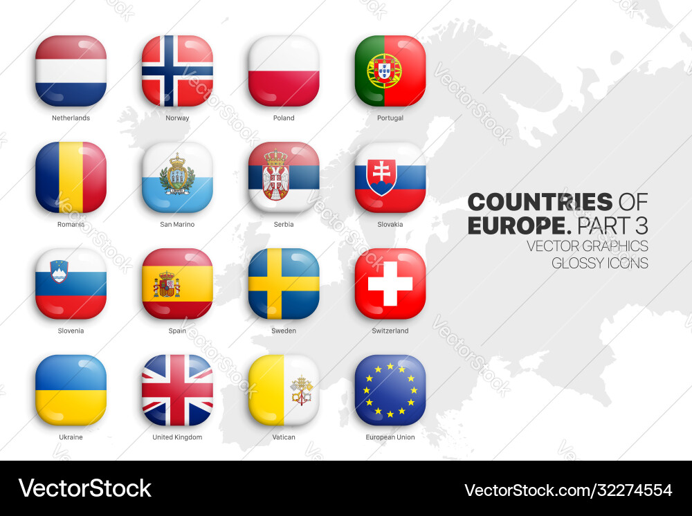 European countries flags 3d glossy icons set Vector Image
