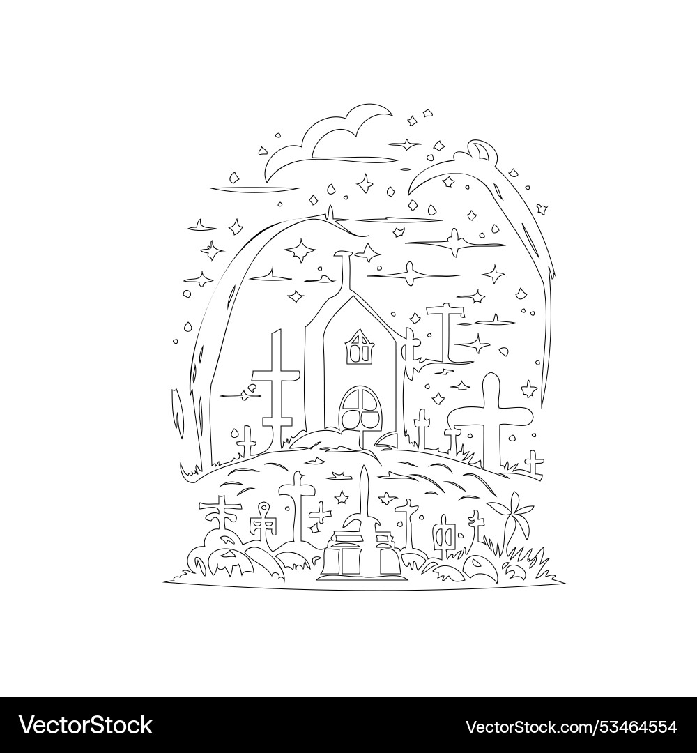 Scary graveyard outline sketch Royalty Free Vector Image