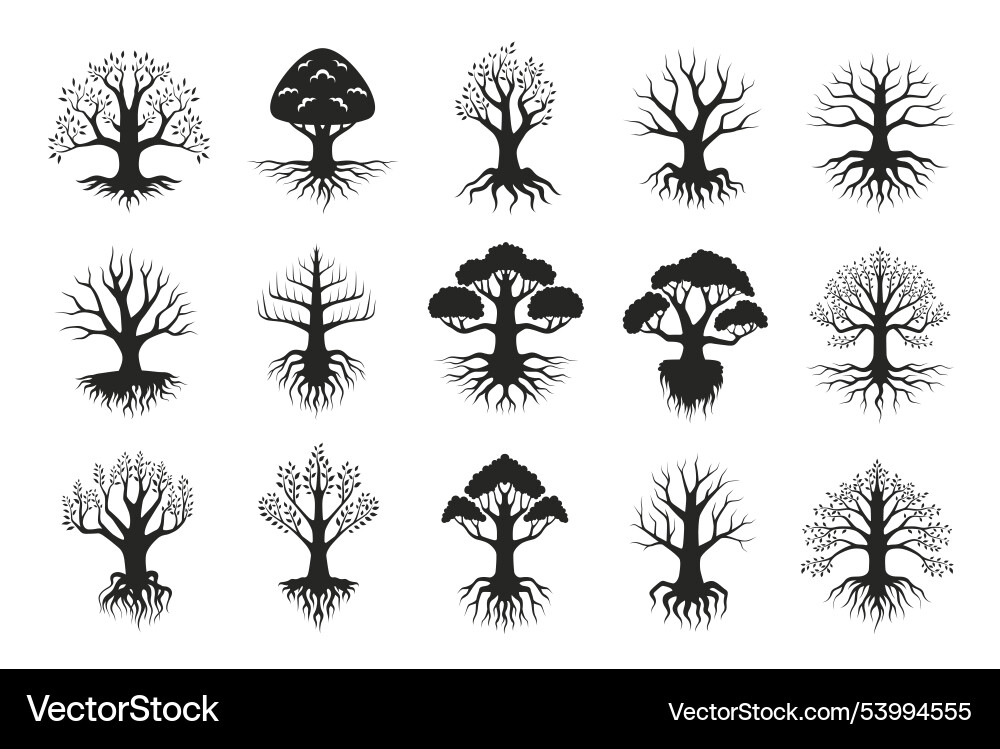 Tree with roots black minimalist silhouette icon Vector Image