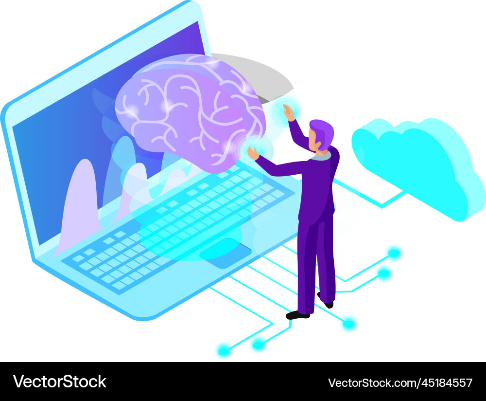 Laptop brain control composition Royalty Free Vector Image