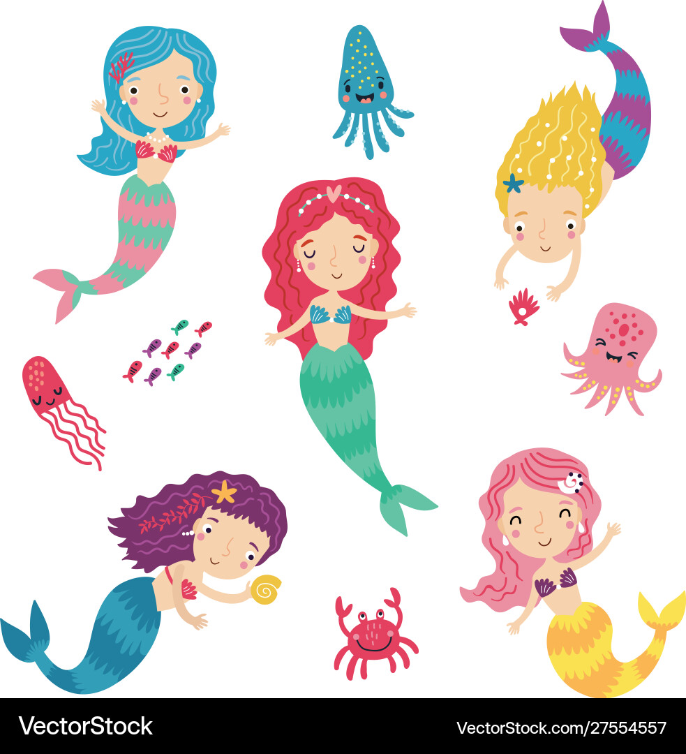Mermaids and sea set characters Royalty Free Vector Image