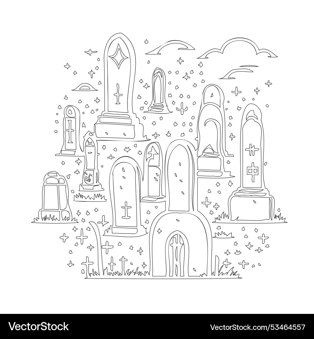 Scary graveyard outline sketch Royalty Free Vector Image