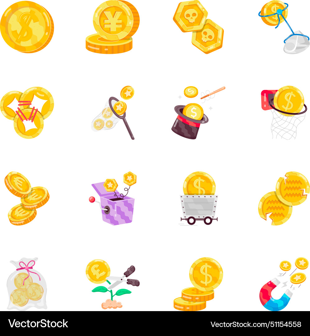 Gold coins flat stickers Royalty Free Vector Image