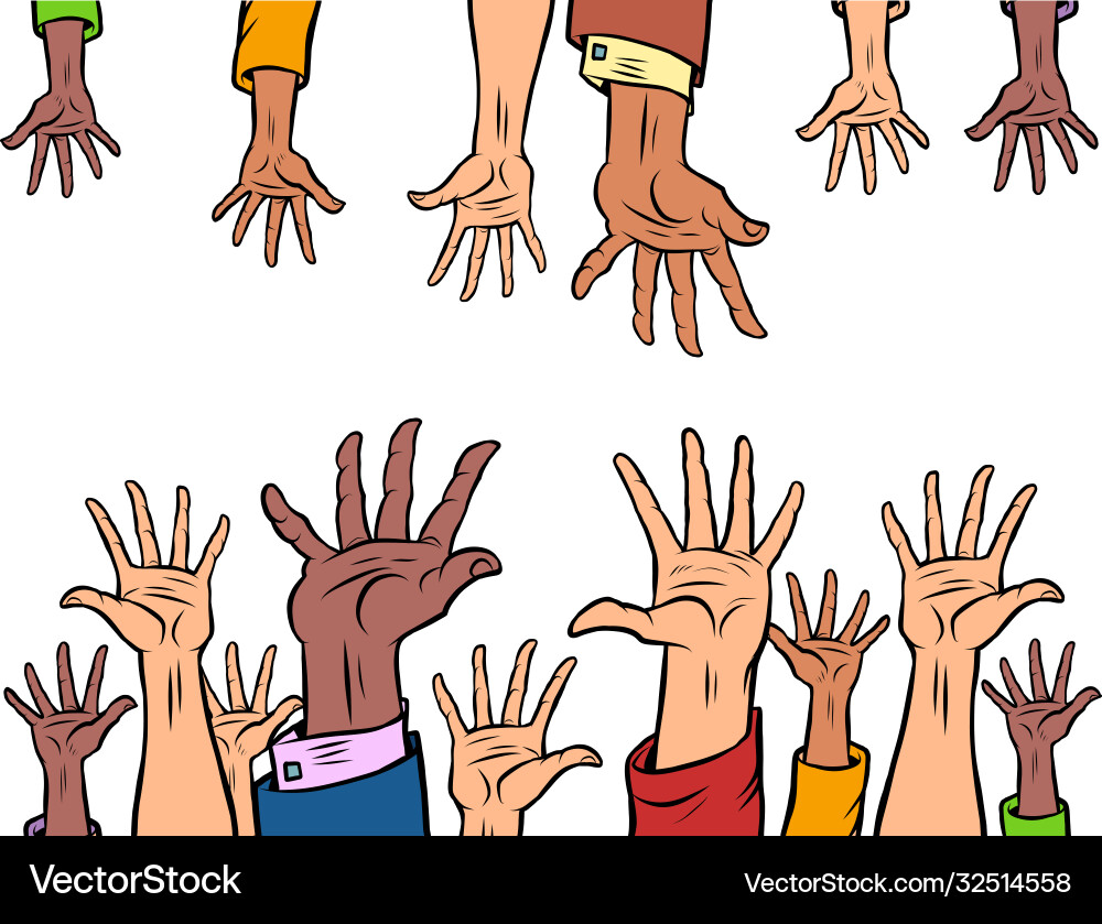 Many hands reach out to each other Royalty Free Vector Image
