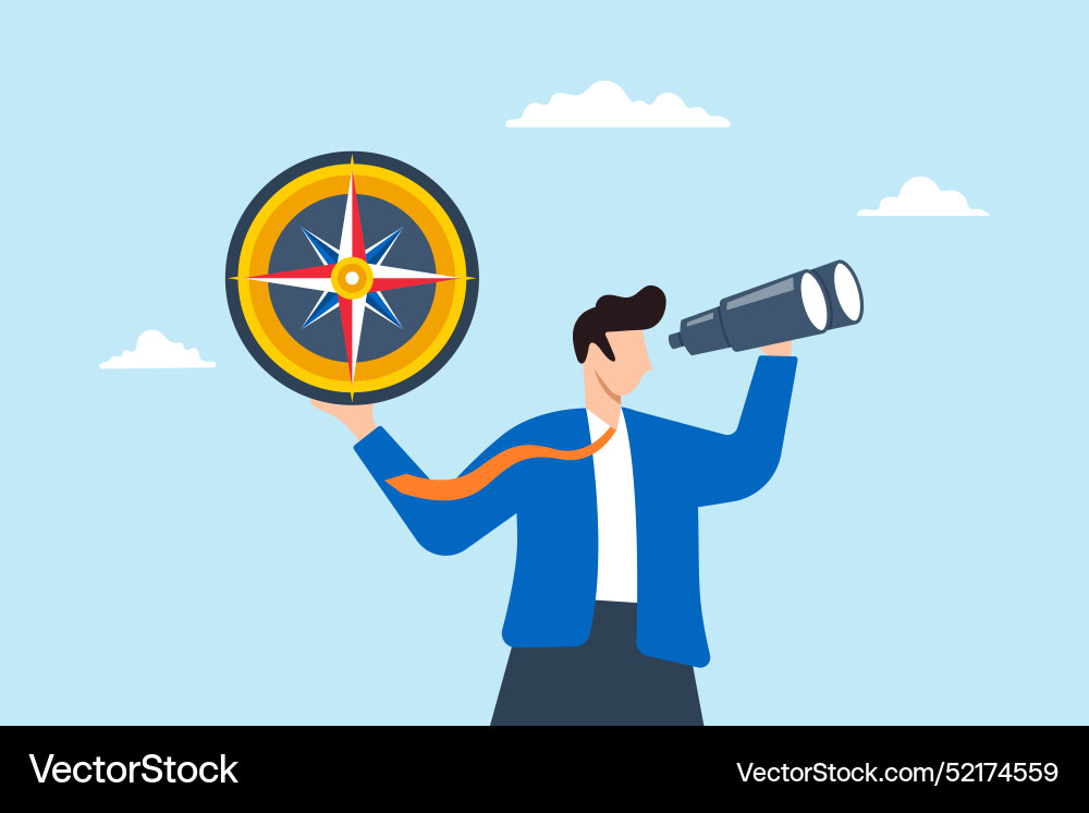 Businessman with binoculars and compass trying Vector Image