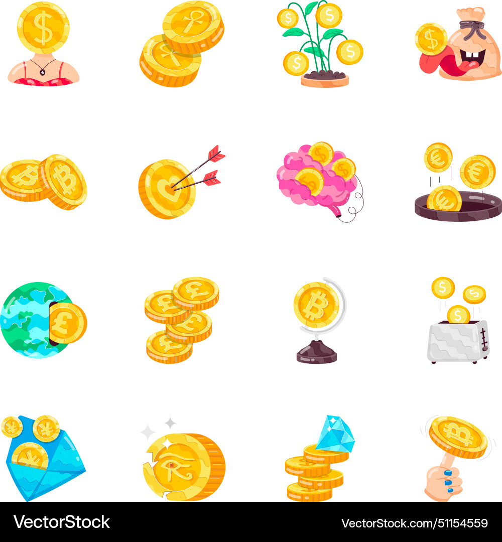 Gold coins flat stickers Royalty Free Vector Image